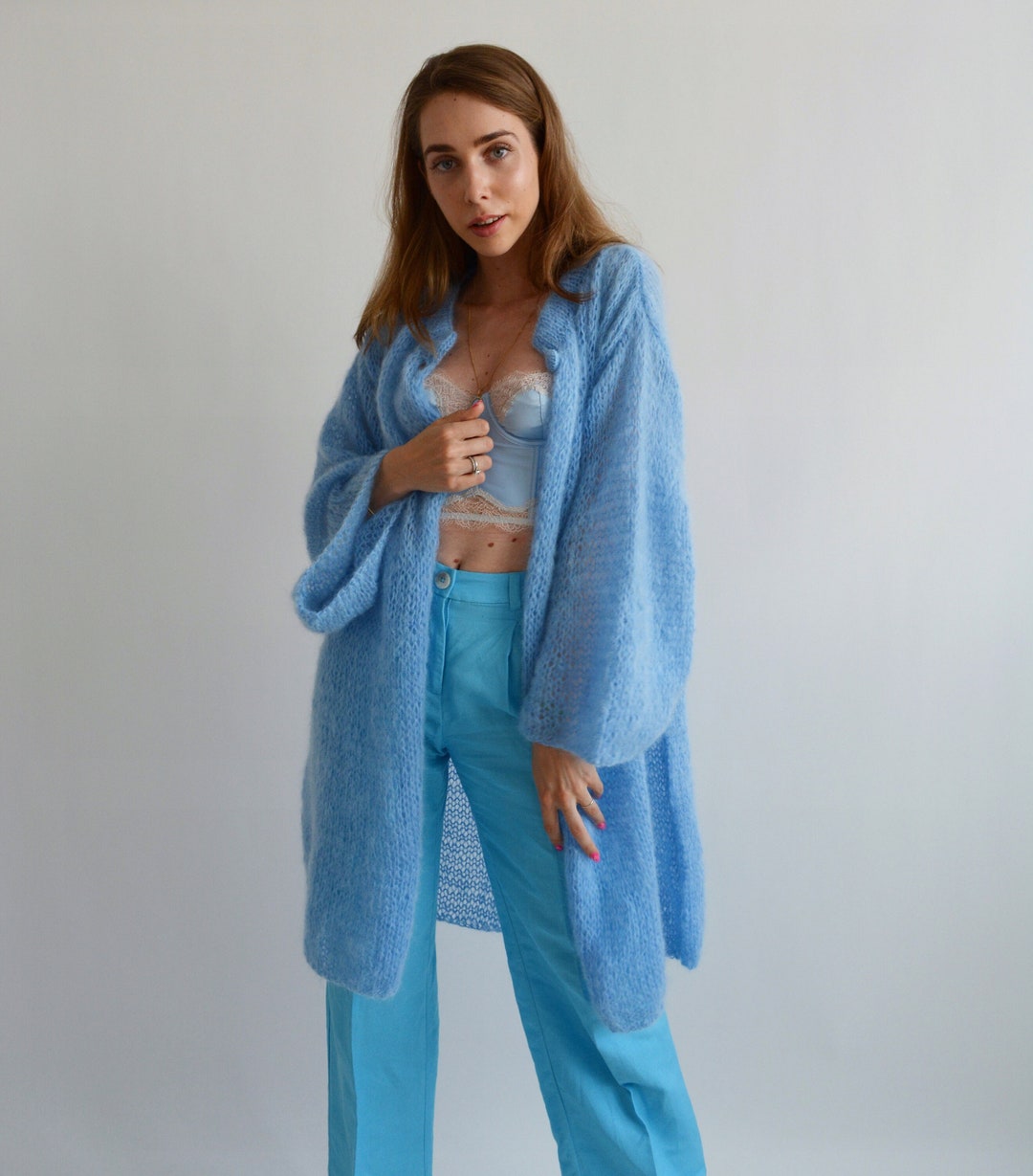 Blue Thick Mohair Cardigan Handknit Warm Cape Chic Oversized Cardigan ...