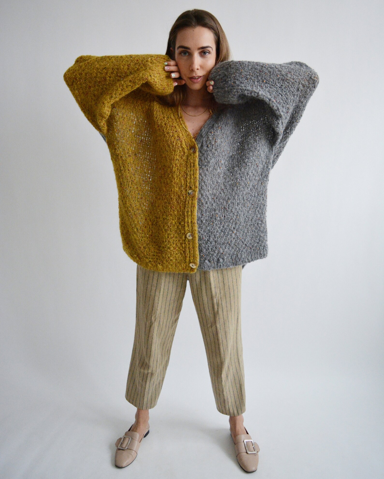 Gray Mustard Alpaca Cardigan Colorblock Chunky Cardigan Buttoned ...