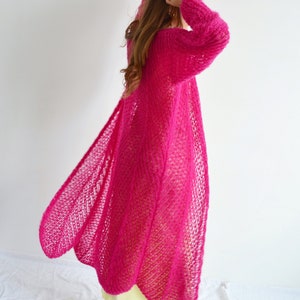 Fuchsia Pink Long Mohair Cardigan, Wrap Kimono Light Cardigan, Knitted ...