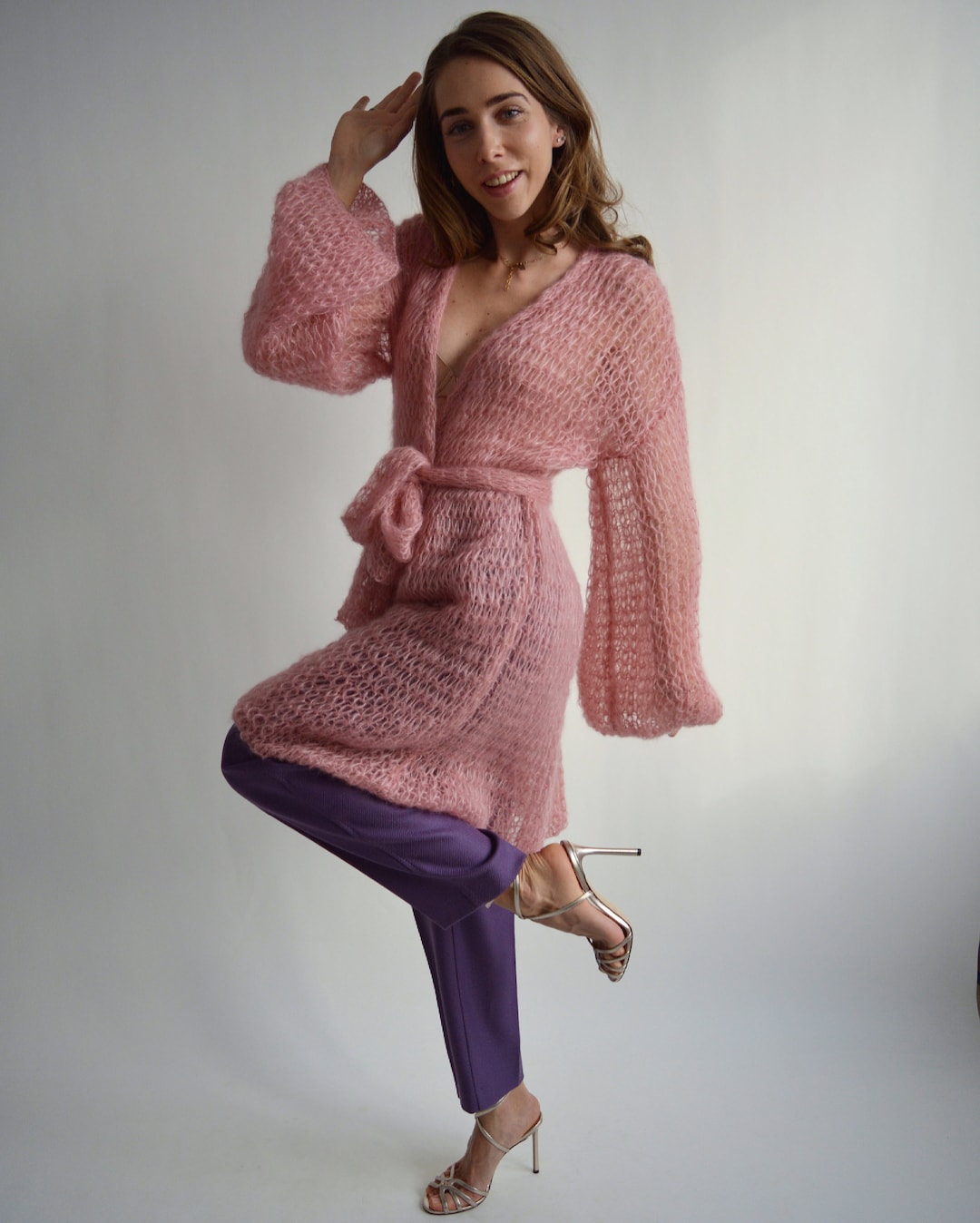 Rose Gold Silk Mohair Cardigan Belted Wrap Cardigan Long Soft Cardigan ...