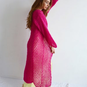 Fuchsia Pink Long Mohair Cardigan, Wrap Kimono Light Cardigan, Knitted ...