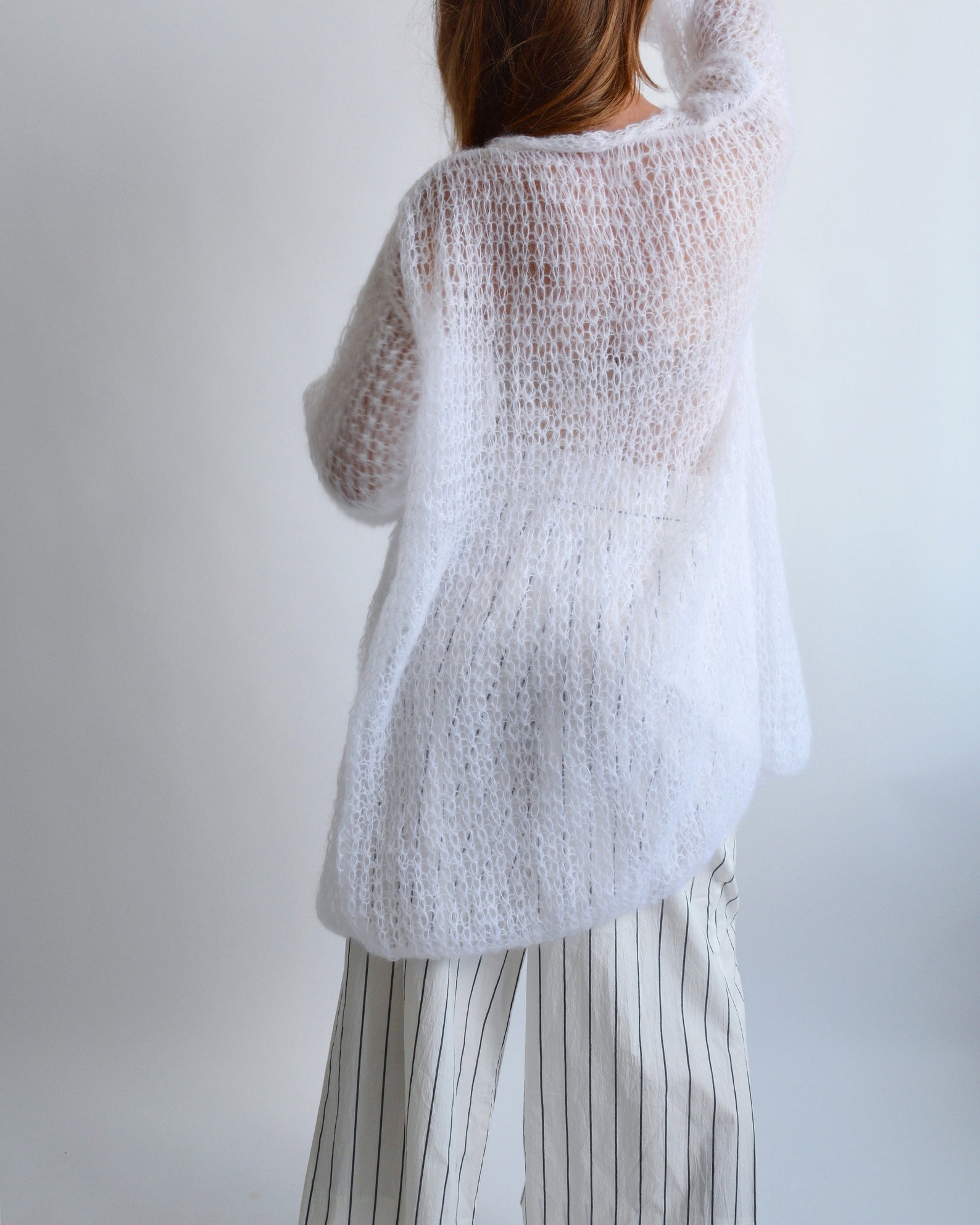 White Mohair Light Cardigan, Wedding Handknit Cardigan, Long Open Front ...
