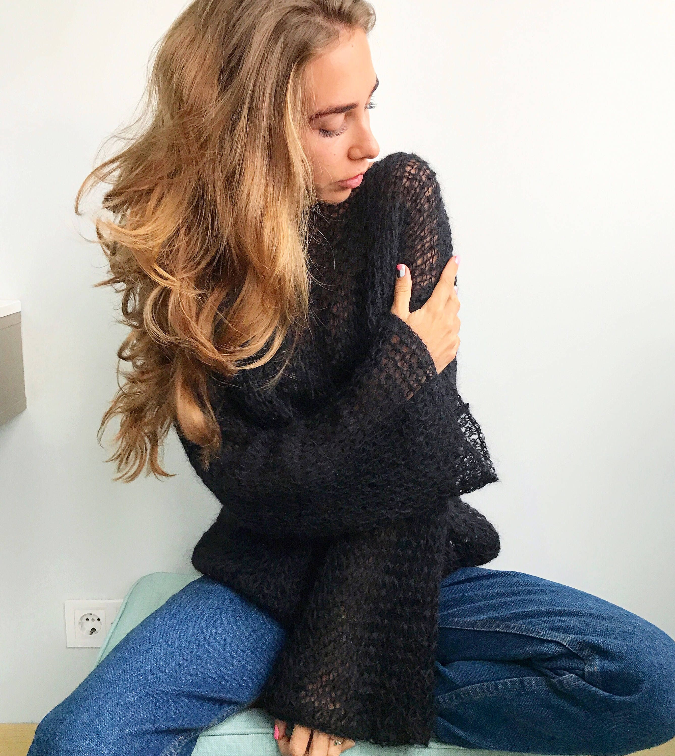 Black Mohair Loose Knit Sweater Light Spring Sweater | Etsy