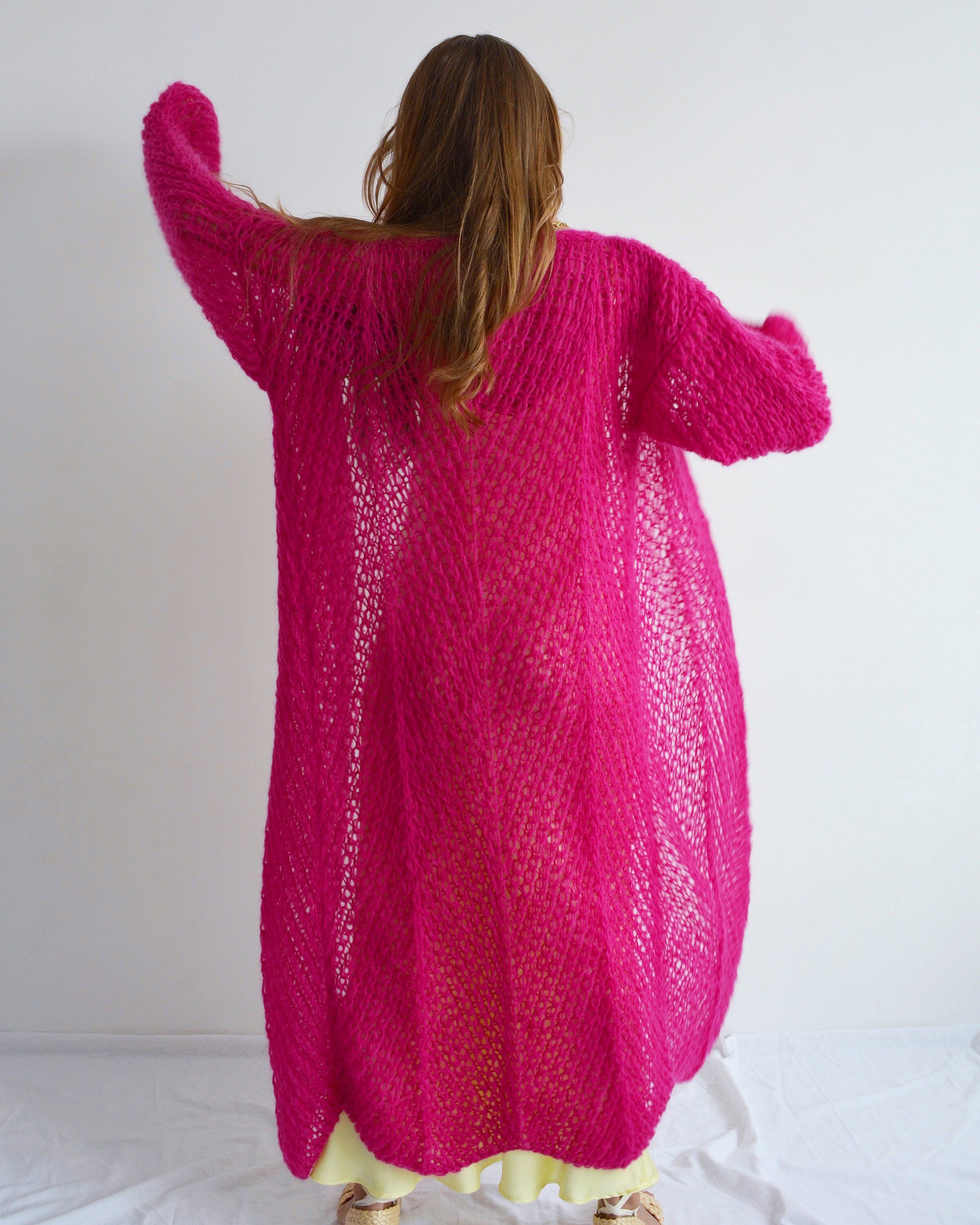 Fuchsia Pink Long Mohair Cardigan, Wrap Kimono Light Cardigan, Knitted ...