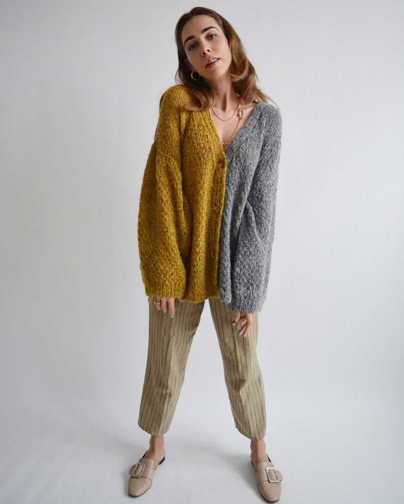 Gray Mustard Alpaca Cardigan Colorblock Chunky Cardigan Buttoned ...