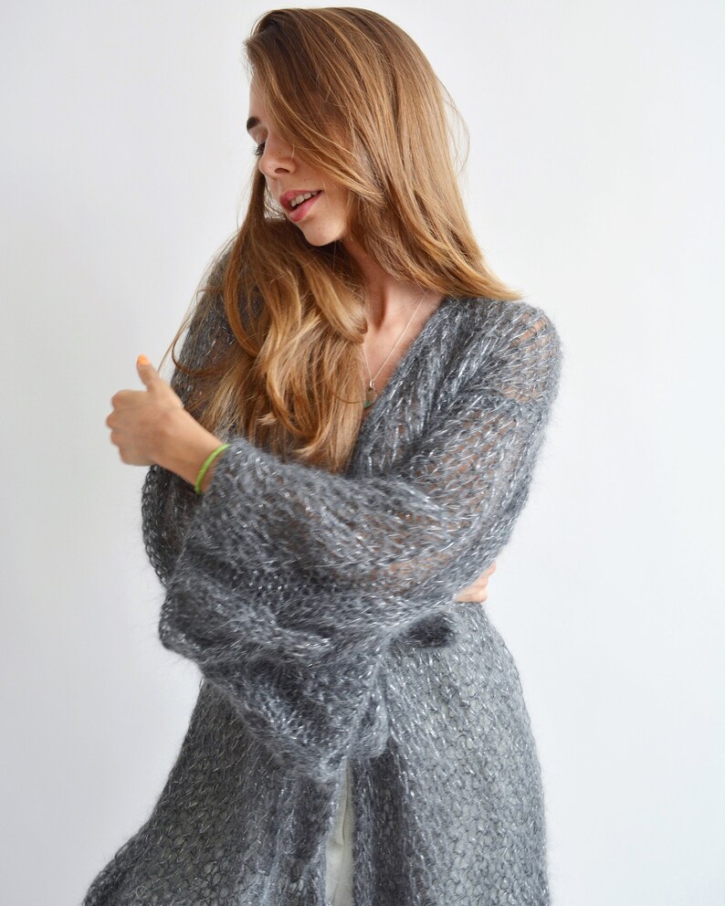 Gray Silver Mohair Cardigan Lurex Knit Cardigan Long Kimono Cardigan ...