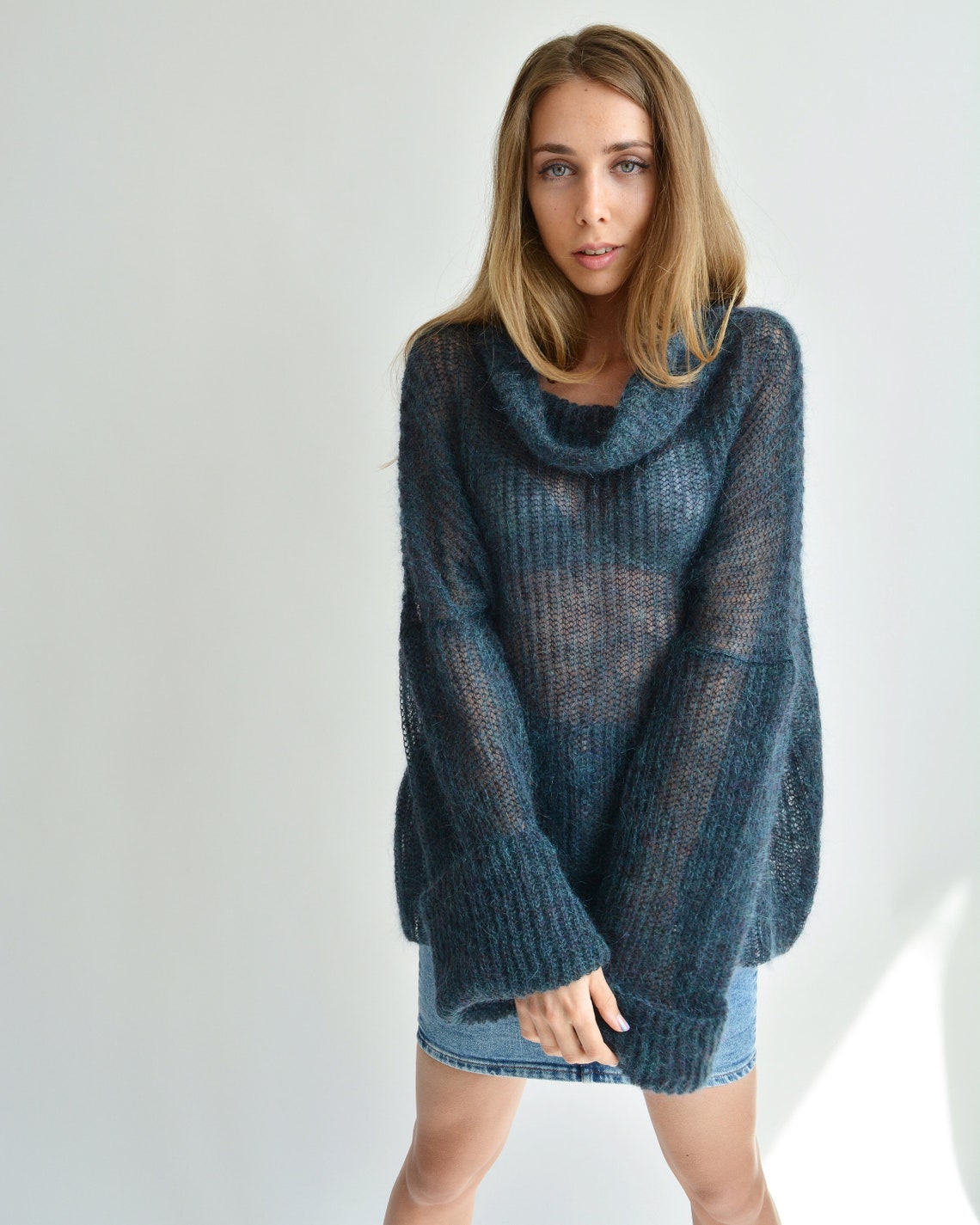 Teal Blue Mohair Sweater Turtleneck Chunky Knit Sweater | Etsy