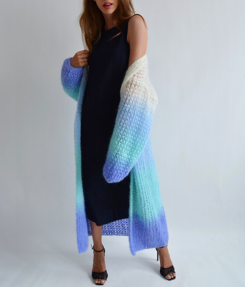 Blue Thick Mohair Cardigan Long Ombre Cardigan Chic Maxi - Etsy