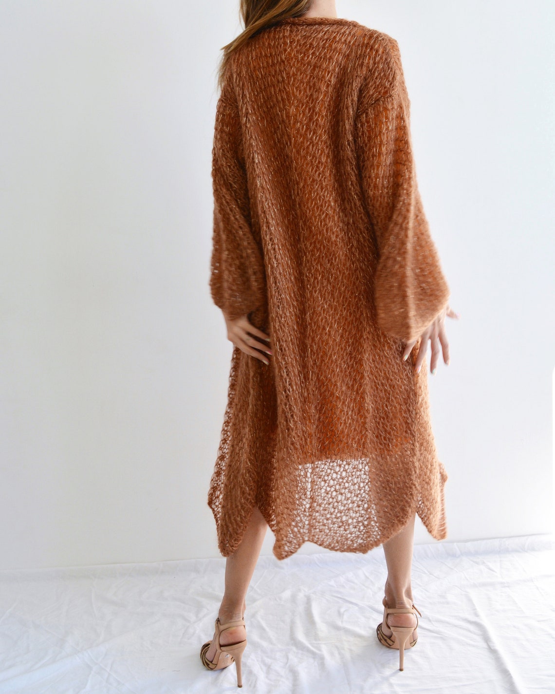 Burnt Orange Mohair Cardigan With Lurex, Rust Long Kimono Cardigan ...