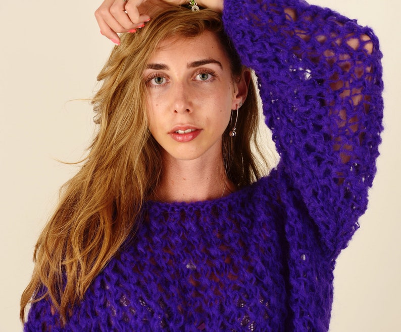 Pull en mohair chaud violet Gros pull texturé Laine tricote | Etsy