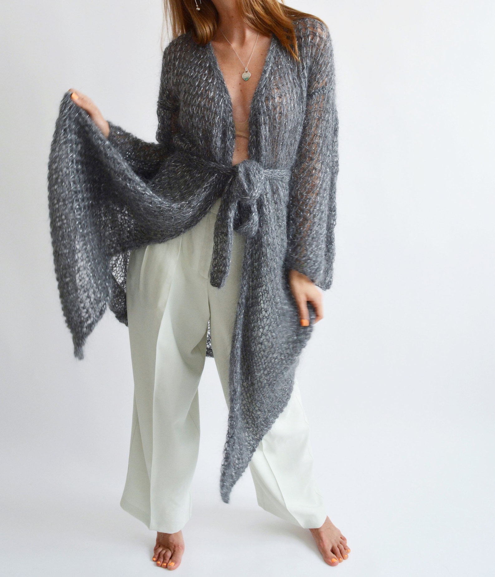 Gray Silver Mohair Cardigan Lurex Knit Cardigan Long Kimono Cardigan ...