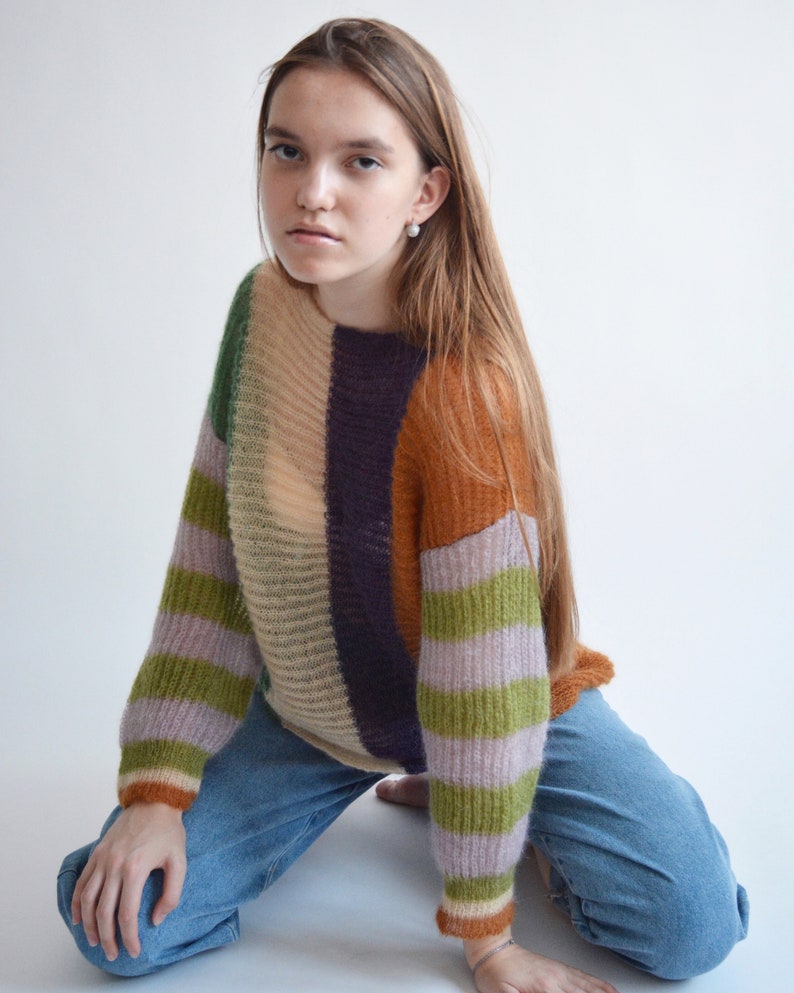 Handknit Mohair Sweater, Rainbow Stripe, Colorful Chic Knit - Etsy