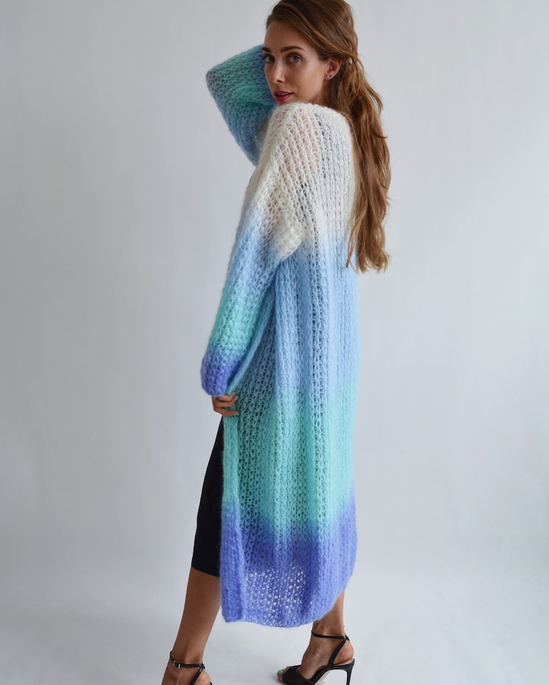 Blue Thick Mohair Cardigan Long Ombre Cardigan Chic Maxi - Etsy