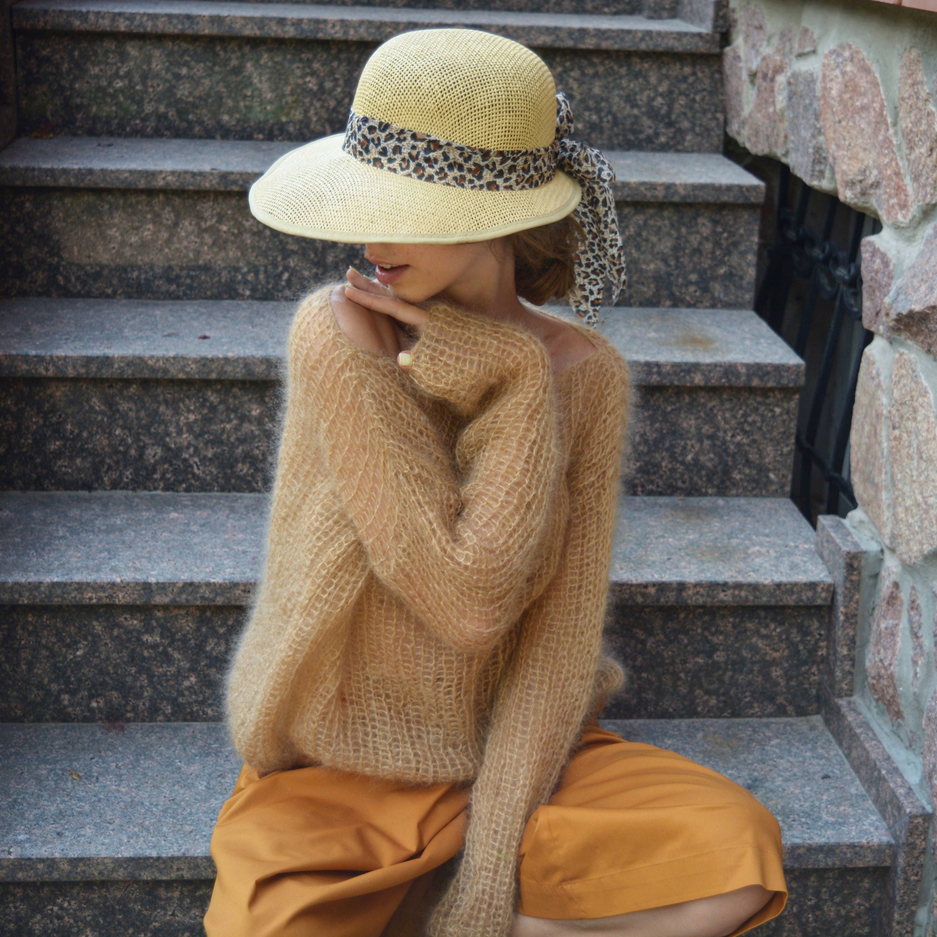 Camel Mohair Sweater Beige Loose Handknit Sweater See Camel Mohair Sweater Beige Loose Handknit Sweater See