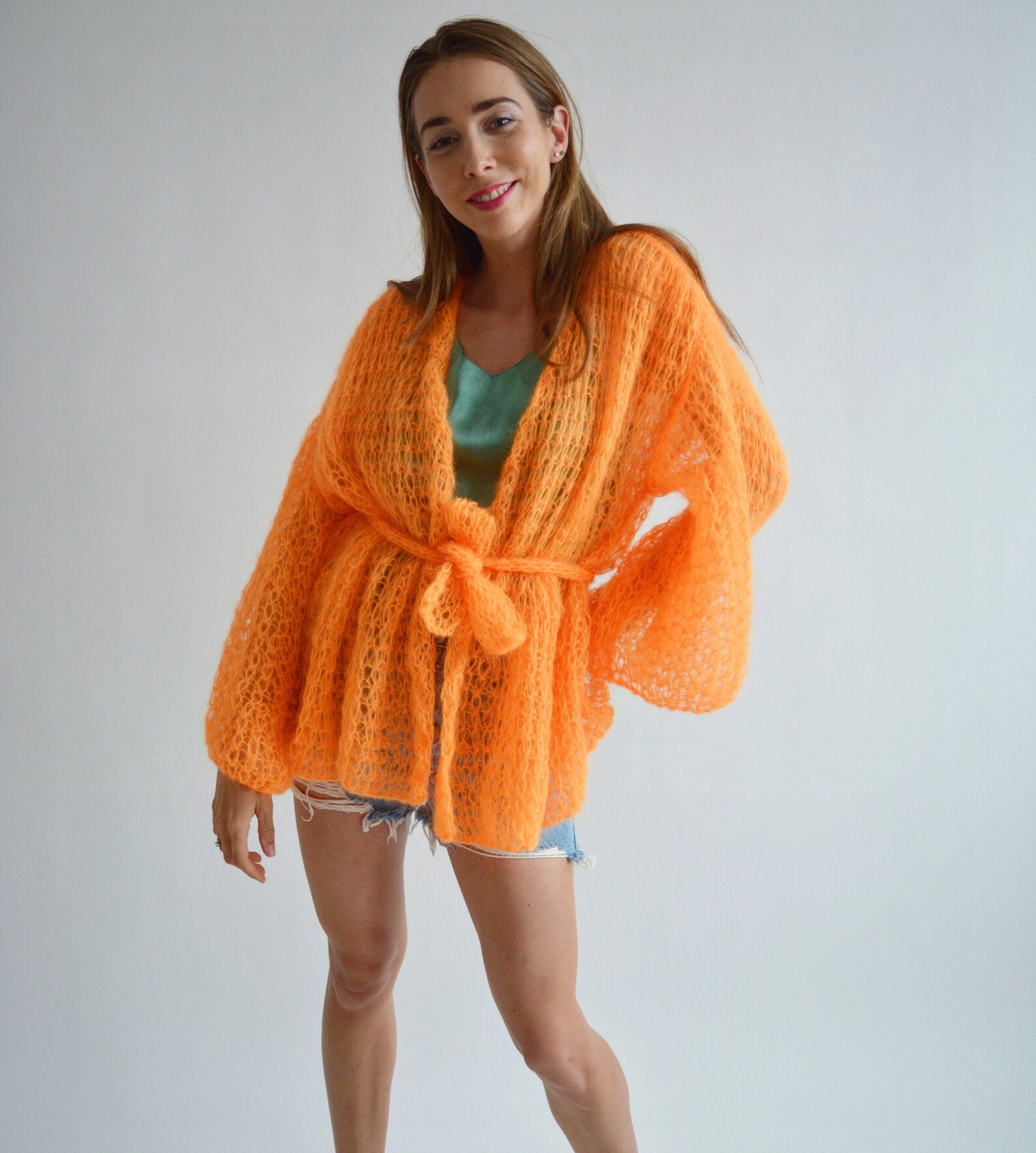 Bright Orange Cardigan Mohair Loose Cardigan Light Chunky Cardigan ...