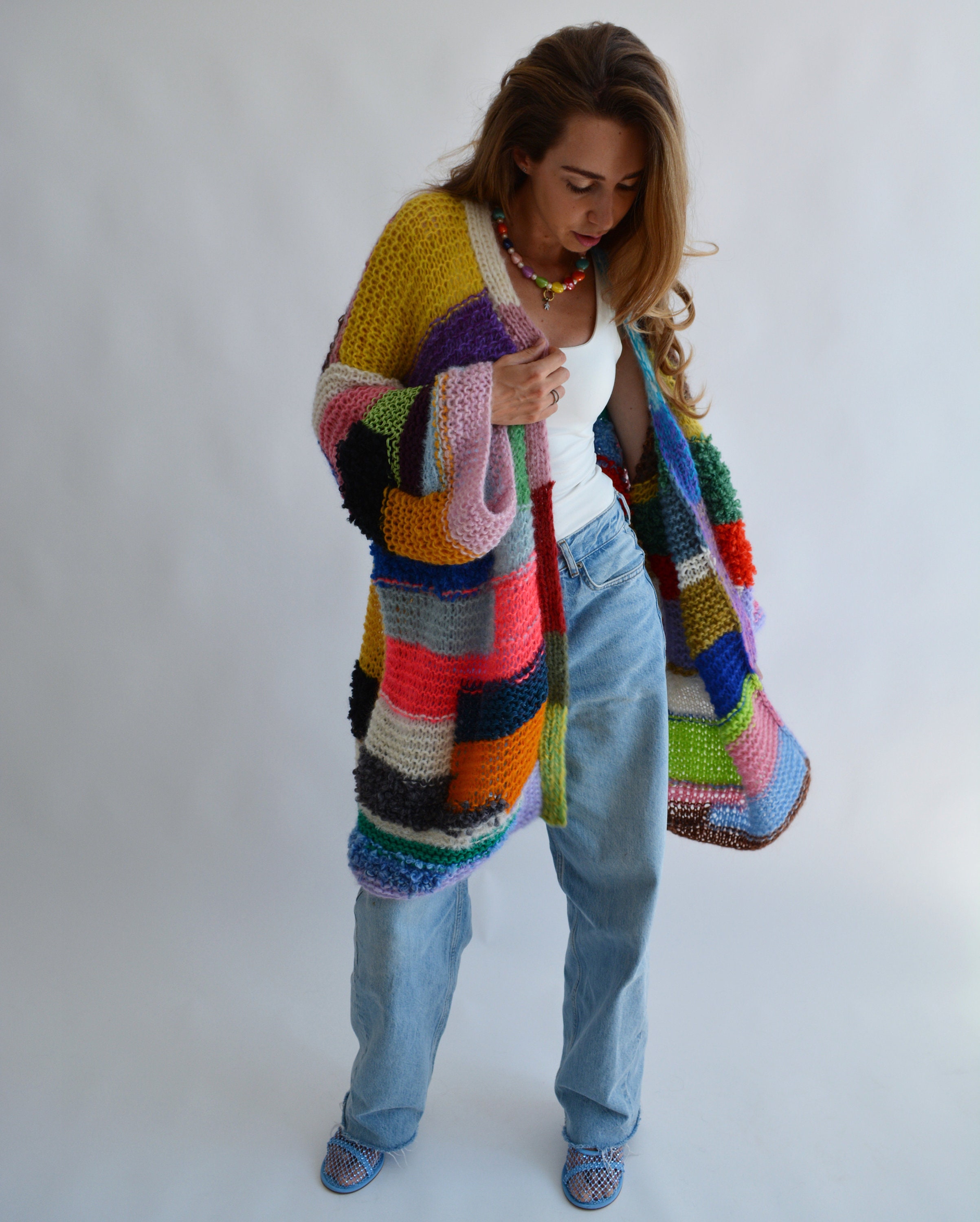 Thick Colorful Cardigan Mohair Patchwork Cardigan Long Extravagant ...