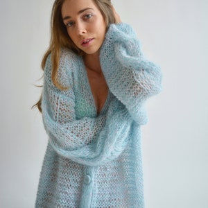 Blue Melange Button up Cardigan Mohair Long Cardigan Chic Light ...