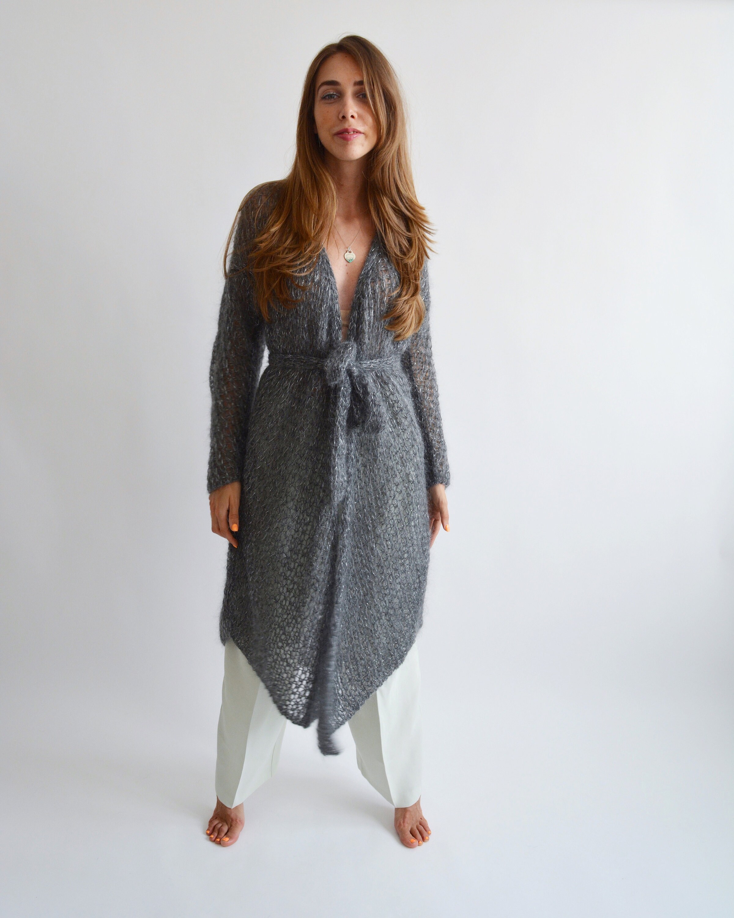 Gray Silver Mohair Cardigan Lurex Knit Cardigan Long Kimono Cardigan ...
