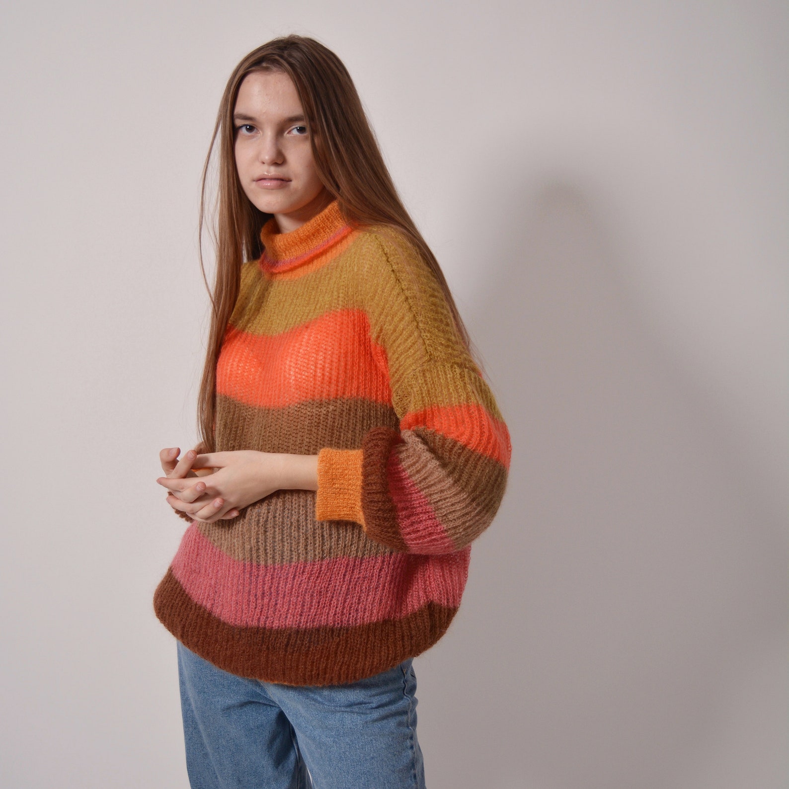Bright Mohair Sweater Multicolor Striped Sweater Turtleneck Colorful ...