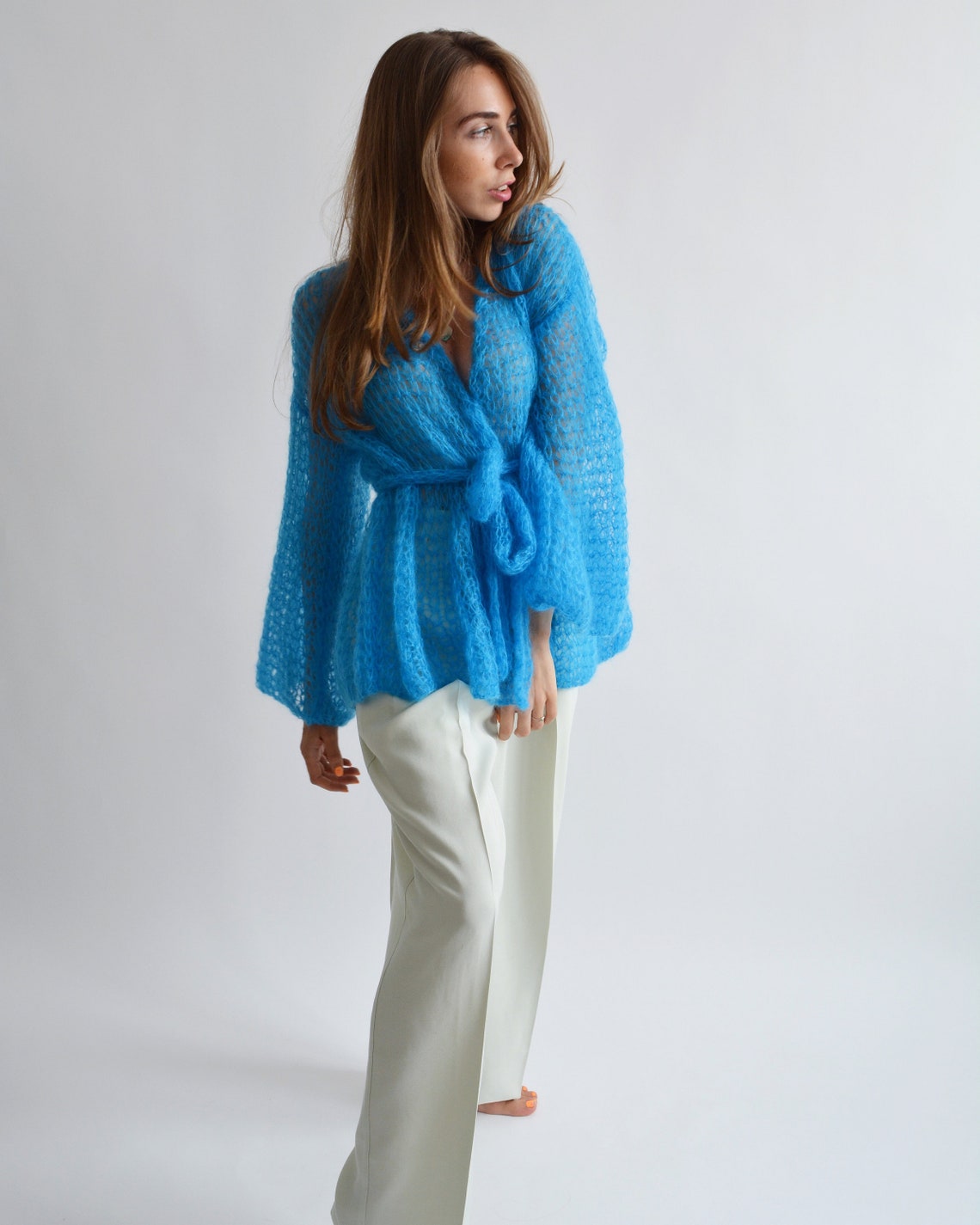 Bright Blue Mohair Cardigan, Cropped Belted Cardigan, Short Light ...