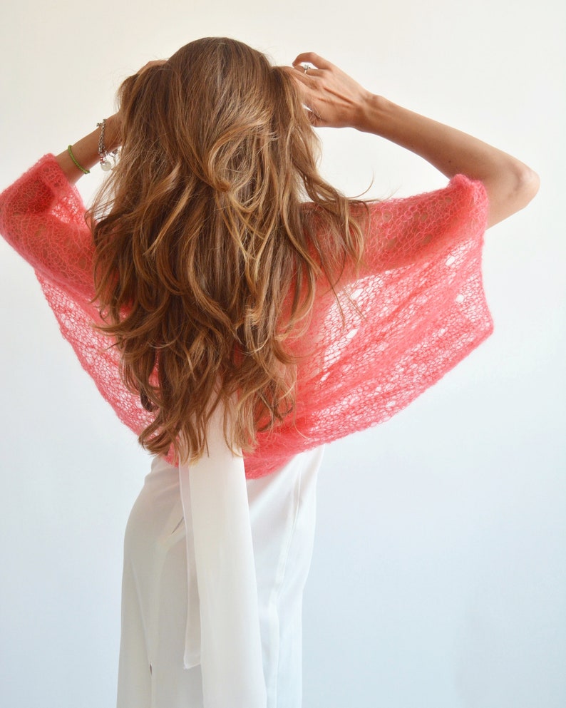 Coral Silk Mohair Shawl, Wedding Bolero Shrug, Bridal Knitted Shawl ...