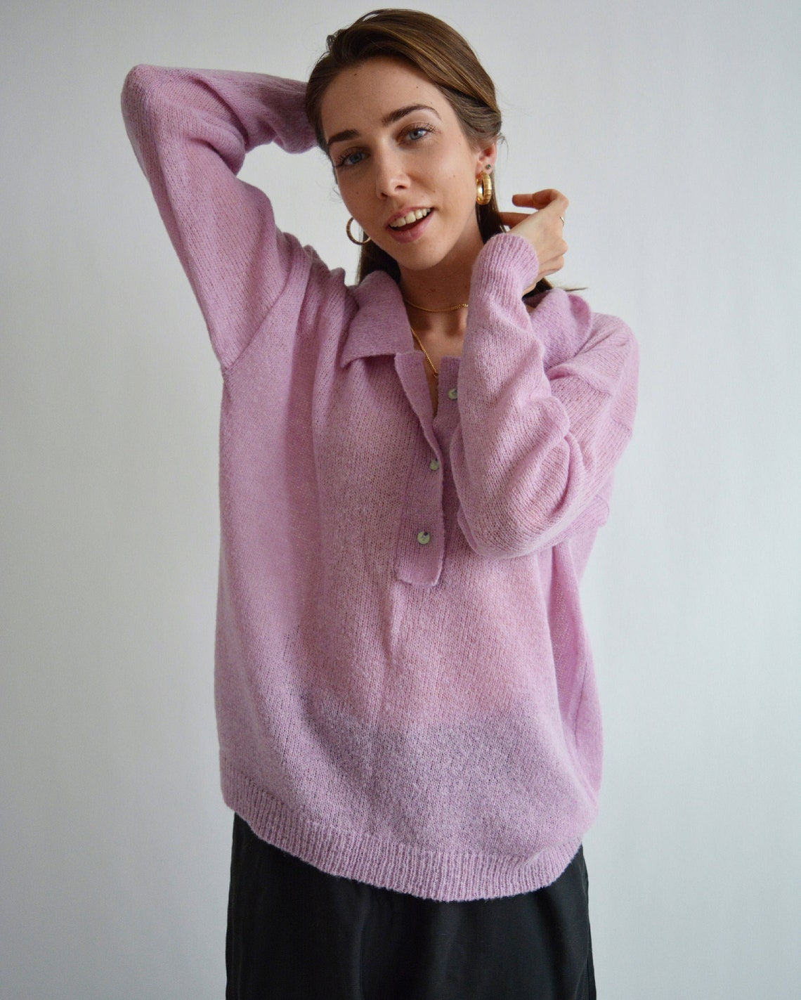 Pink collared sweater Knitted polo shirt Polo style sweater | Etsy