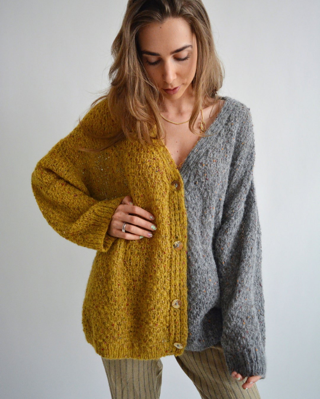 Gray Mustard Alpaca Cardigan Colorblock Chunky Cardigan Buttoned ...
