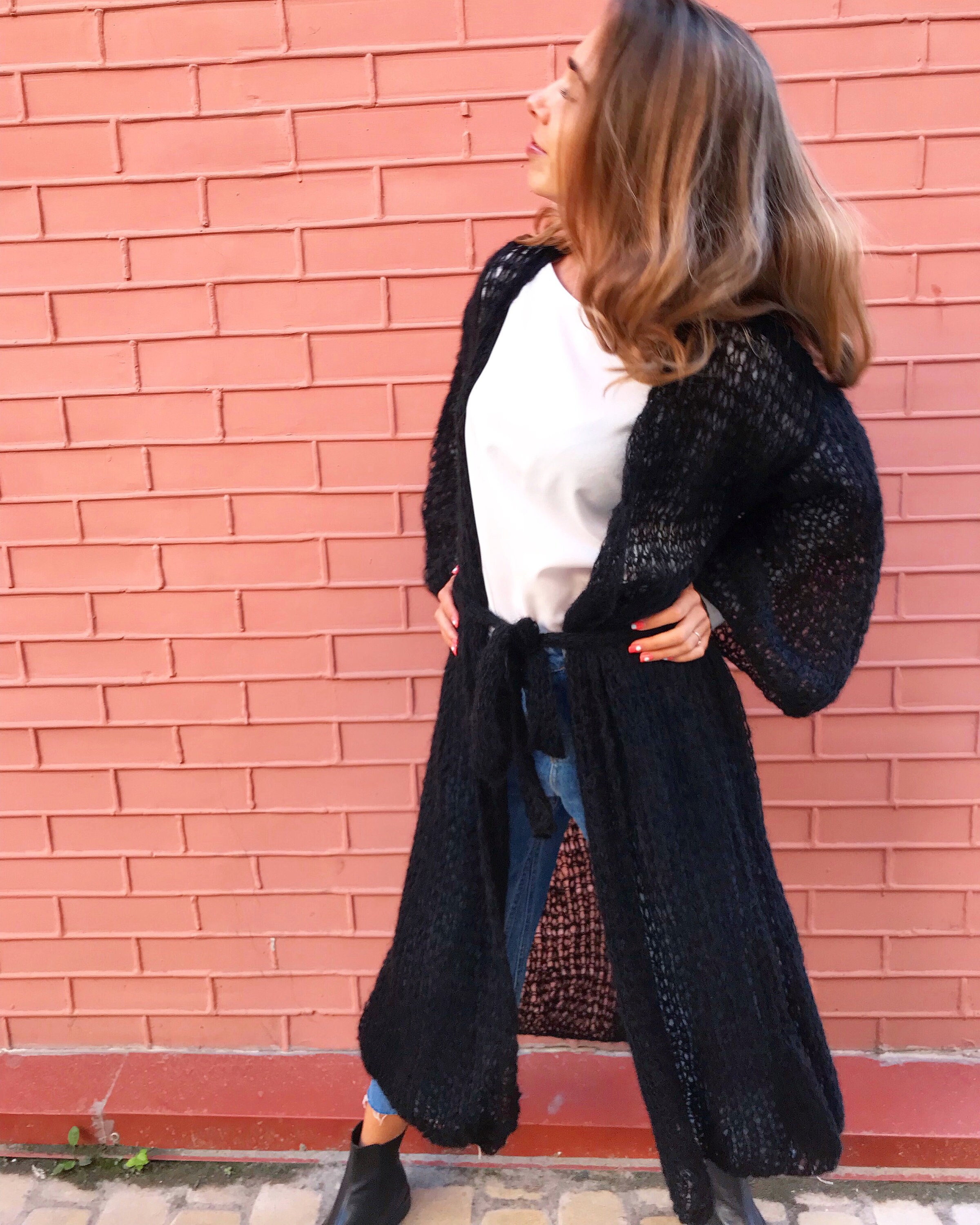Black mohair long cardigan with belt Maxi kimono cardigan | Etsy