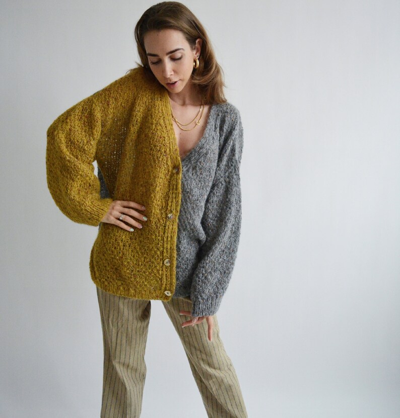 Gray Mustard Alpaca Cardigan Colorblock Chunky Cardigan Buttoned ...