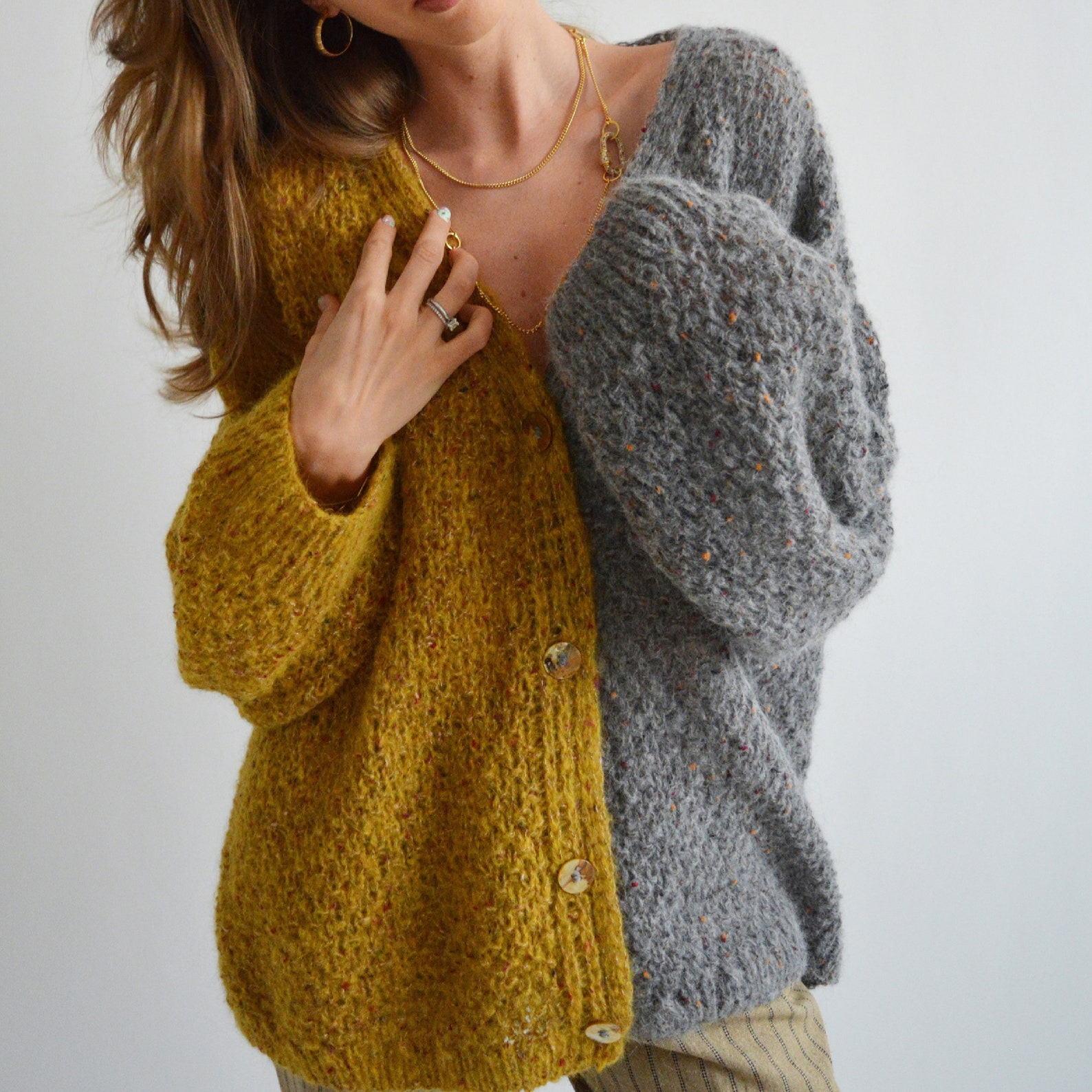Gray Mustard Alpaca Cardigan Colorblock Chunky Cardigan Buttoned ...