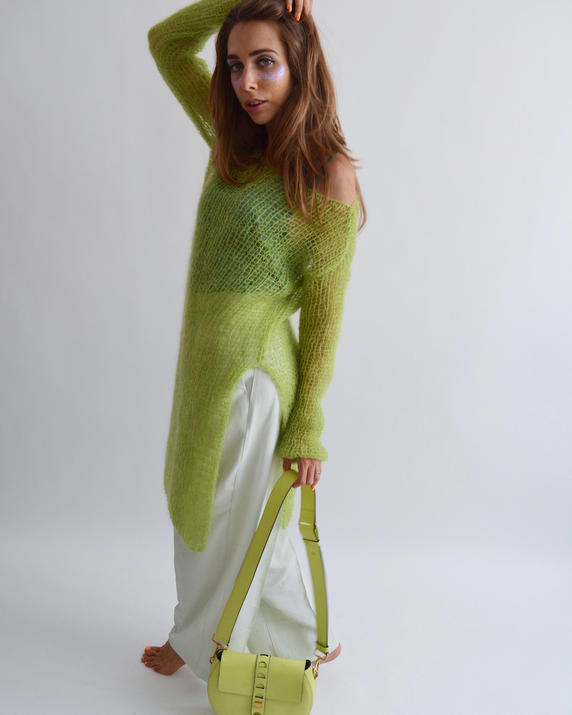 Lime Green Mohair Tunic Knitted Light Tunic Asymmetric Sweater | Etsy