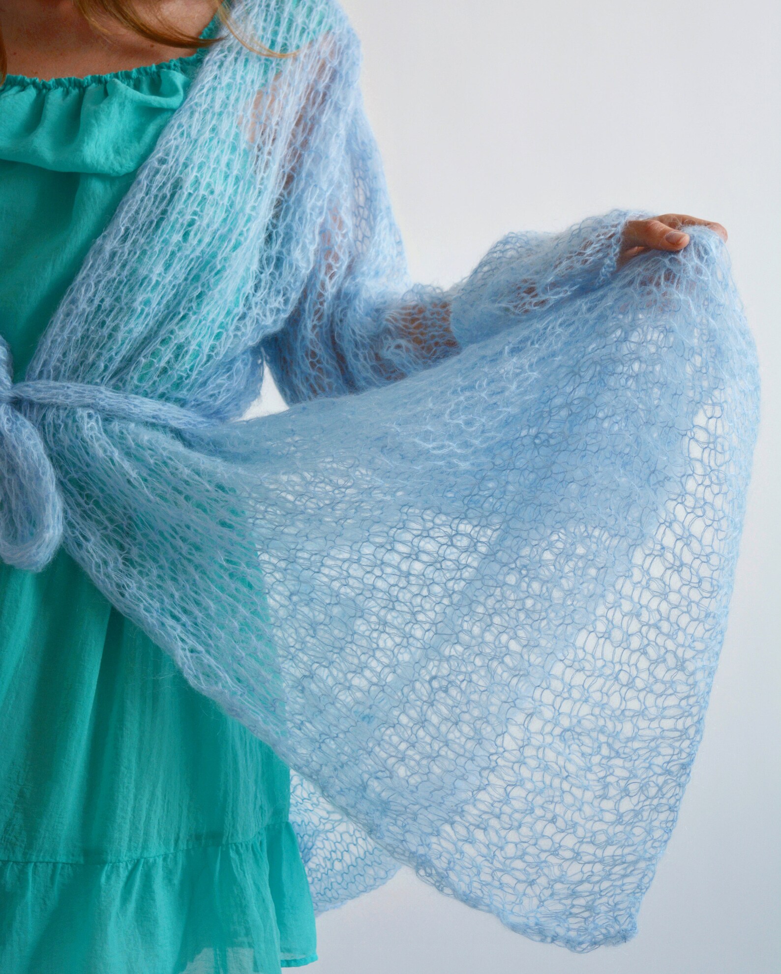Light Blue Mohair Cardigan Long Kimono Cardigan Belted Chunky Knit ...