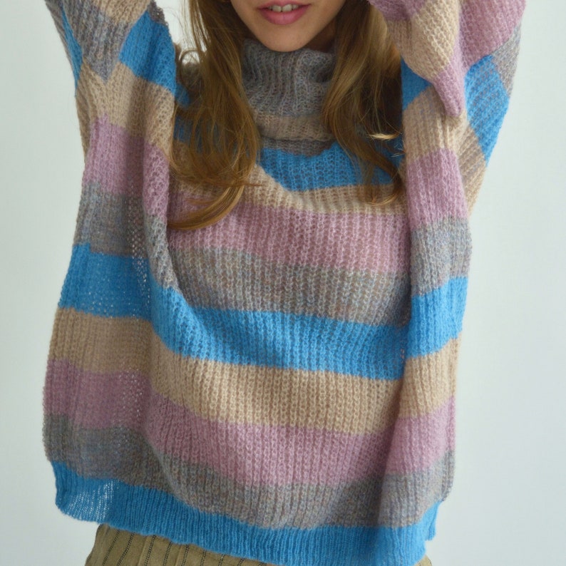 Alpaca Multicolor Striped Sweater, Mohair Turtleneck Sweater, Colorful ...