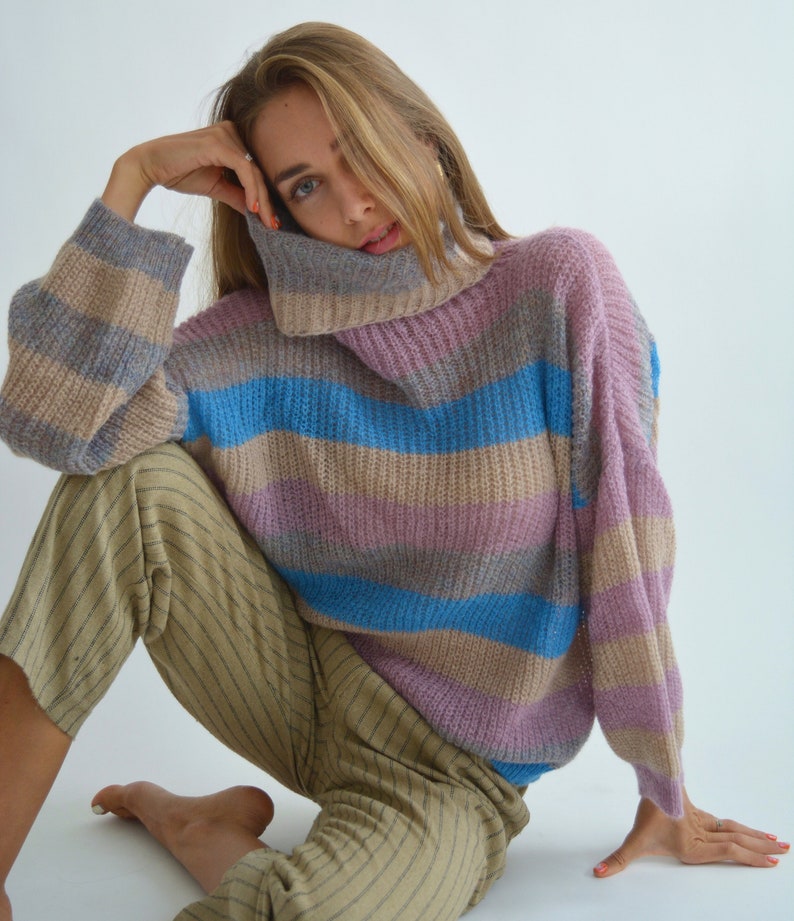 Alpaca Multicolor Striped Sweater, Mohair Turtleneck Sweater, Colorful ...