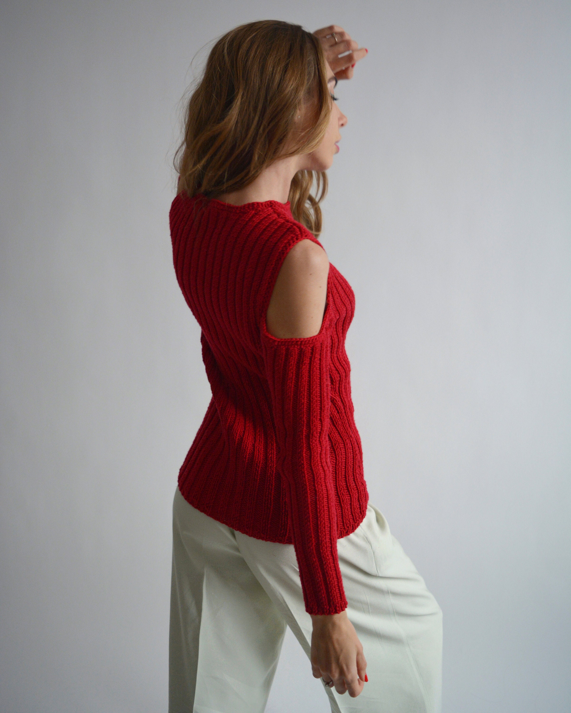 Red merino wool sweater Open shoulder sexy sweater Off | Etsy