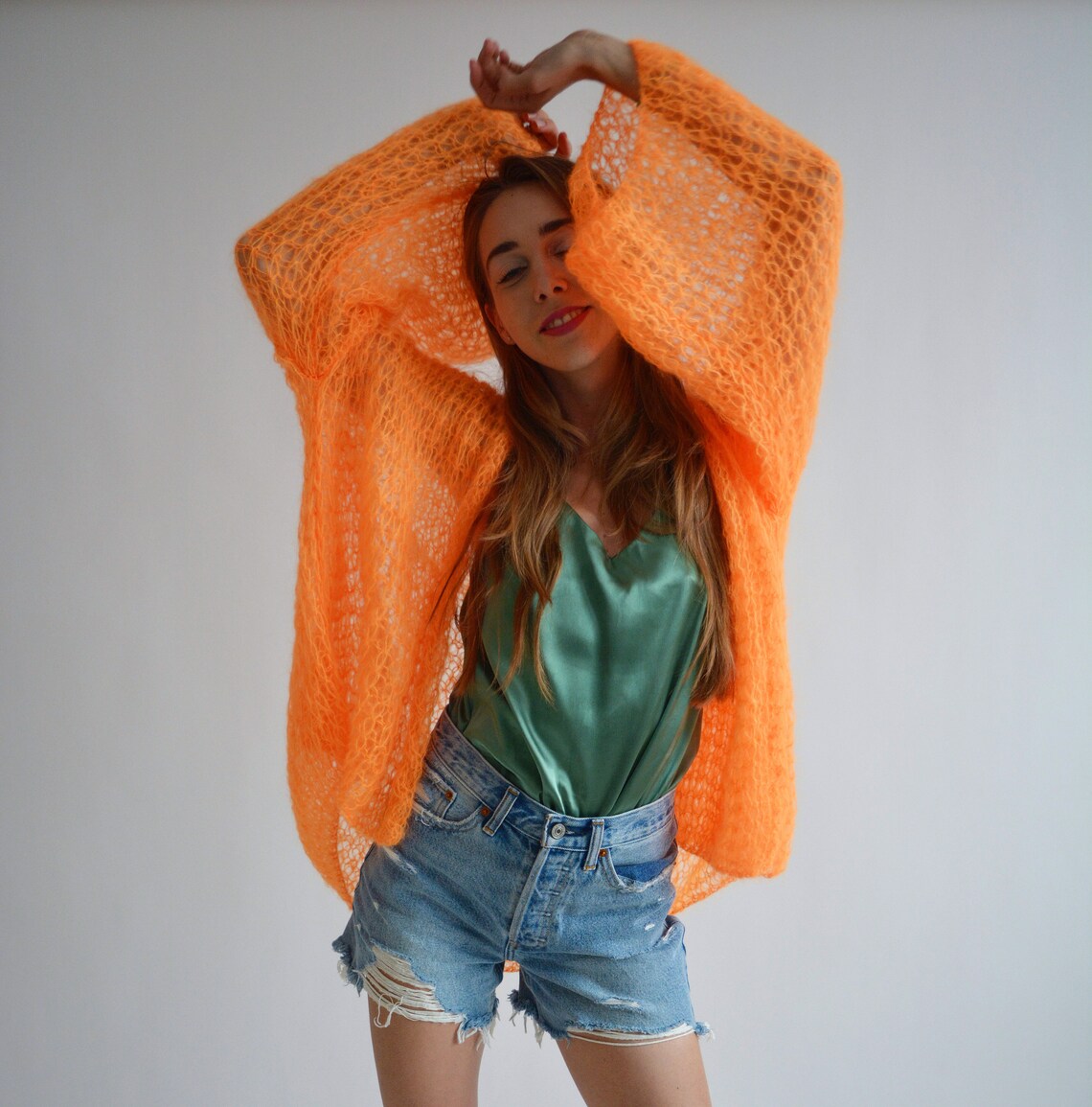 Bright Orange Cardigan Mohair Loose Cardigan Light Chunky Cardigan ...