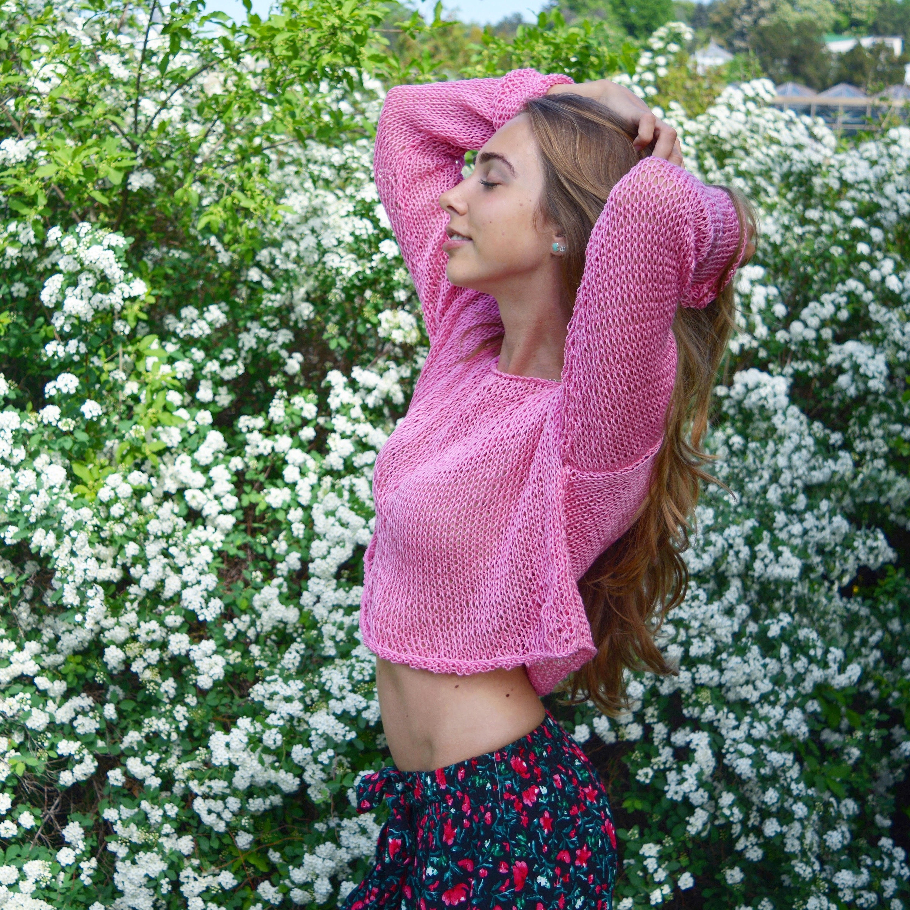 Pink Cropped Sweater Cotton Short Sweater Hand Knitted Summer Sweater ...