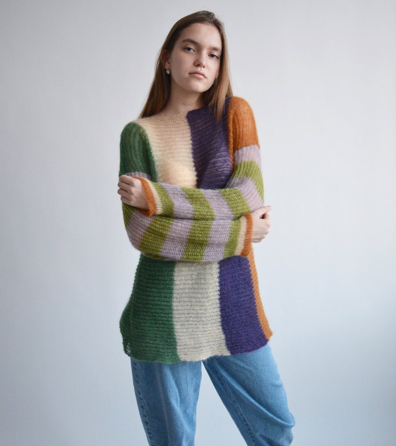 Handknit Mohair Sweater, Rainbow Stripe, Colorful Chic Knit - Etsy