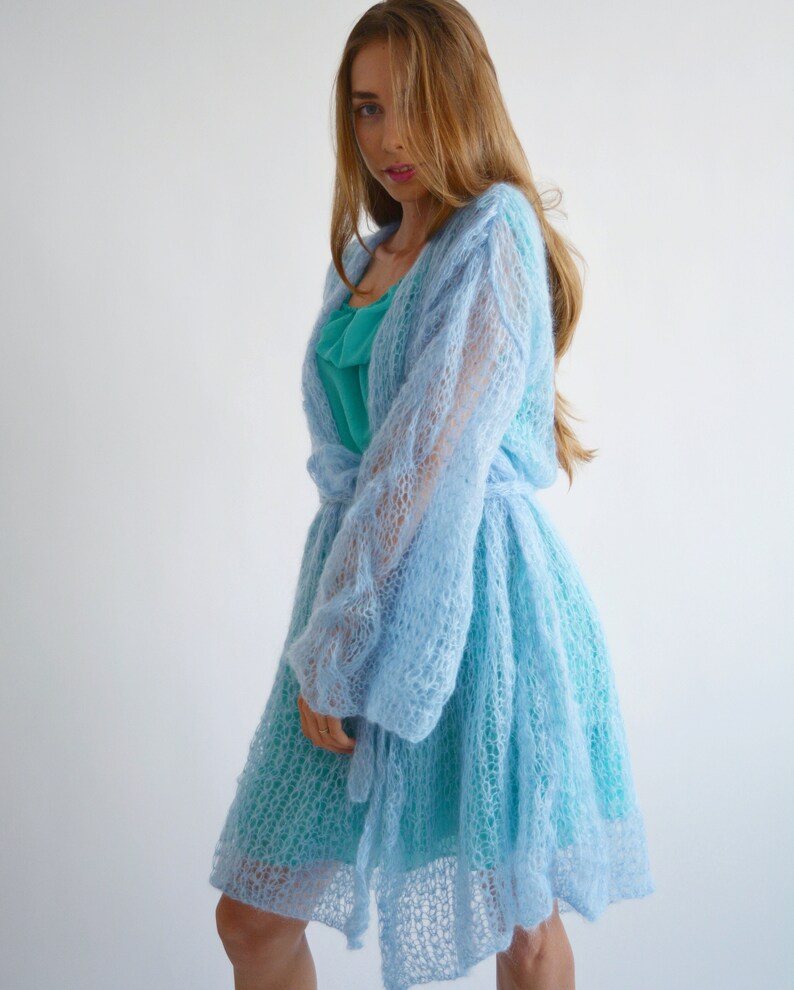 Light Blue Mohair Cardigan Long Kimono Cardigan Belted Chunky Knit ...