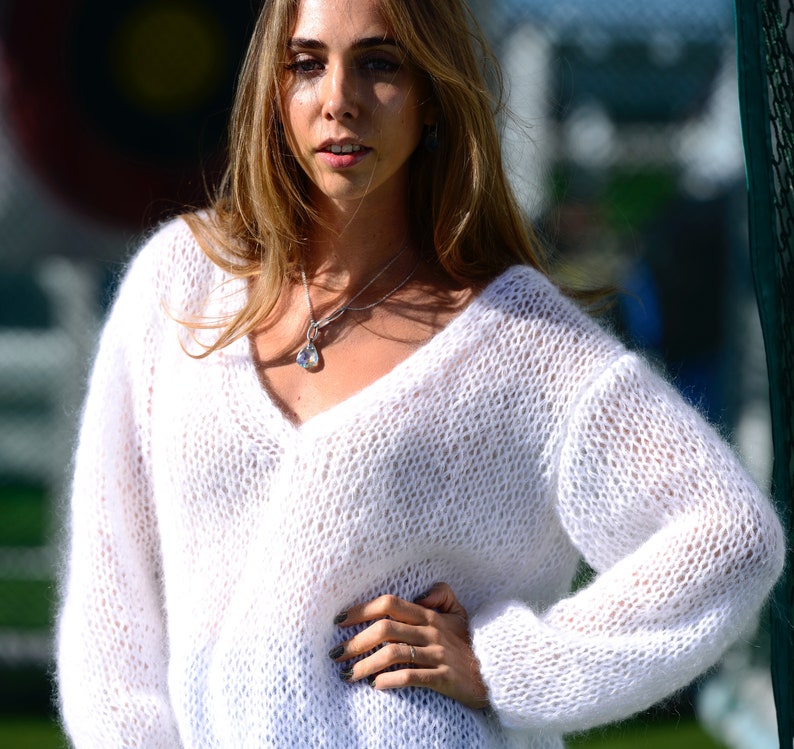 White Soft V Neck Mohair Sweater, Fluffy Oversized Thick Sweater, Loose ...