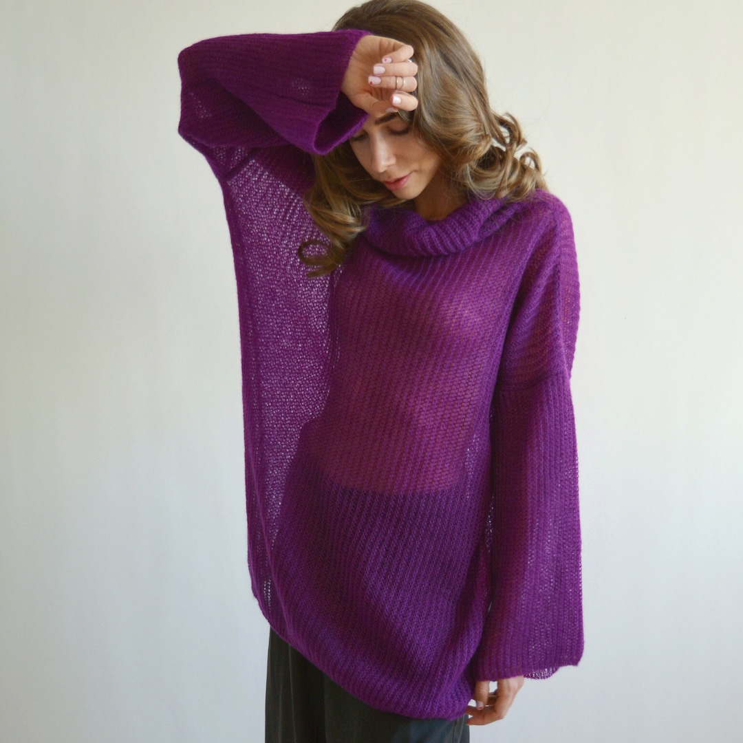 Bright Purple Sweater Mohair Turtleneck Sweater Basic Maxi Sweater Long ...