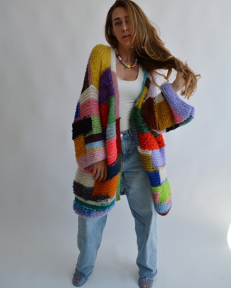 Thick Colorful Cardigan Mohair Patchwork Cardigan Long Extravagant ...