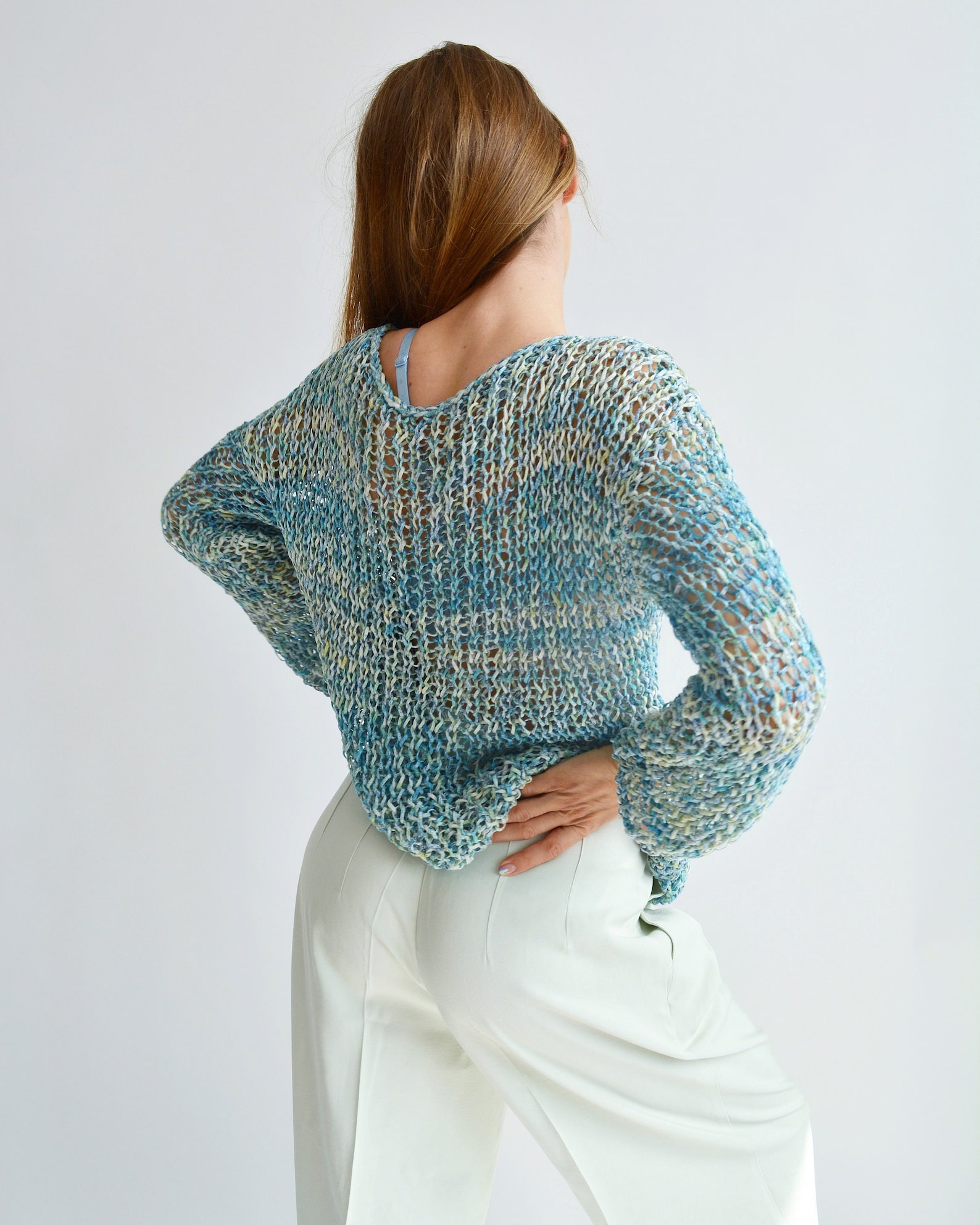 Blue Cotton Sweater, Loose Summer Sweater, Sexy Handknit Sweater ...