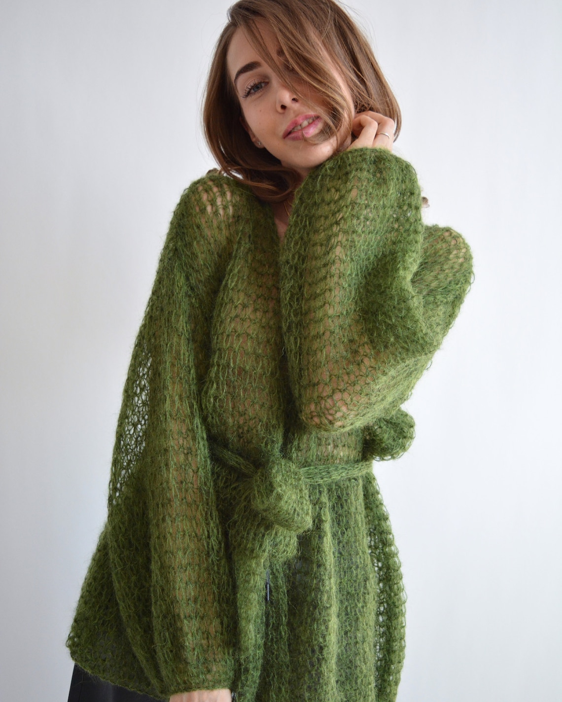 Green Mohair Cardigan Cropped Light Cardigan Chunky Handknit - Etsy UK
