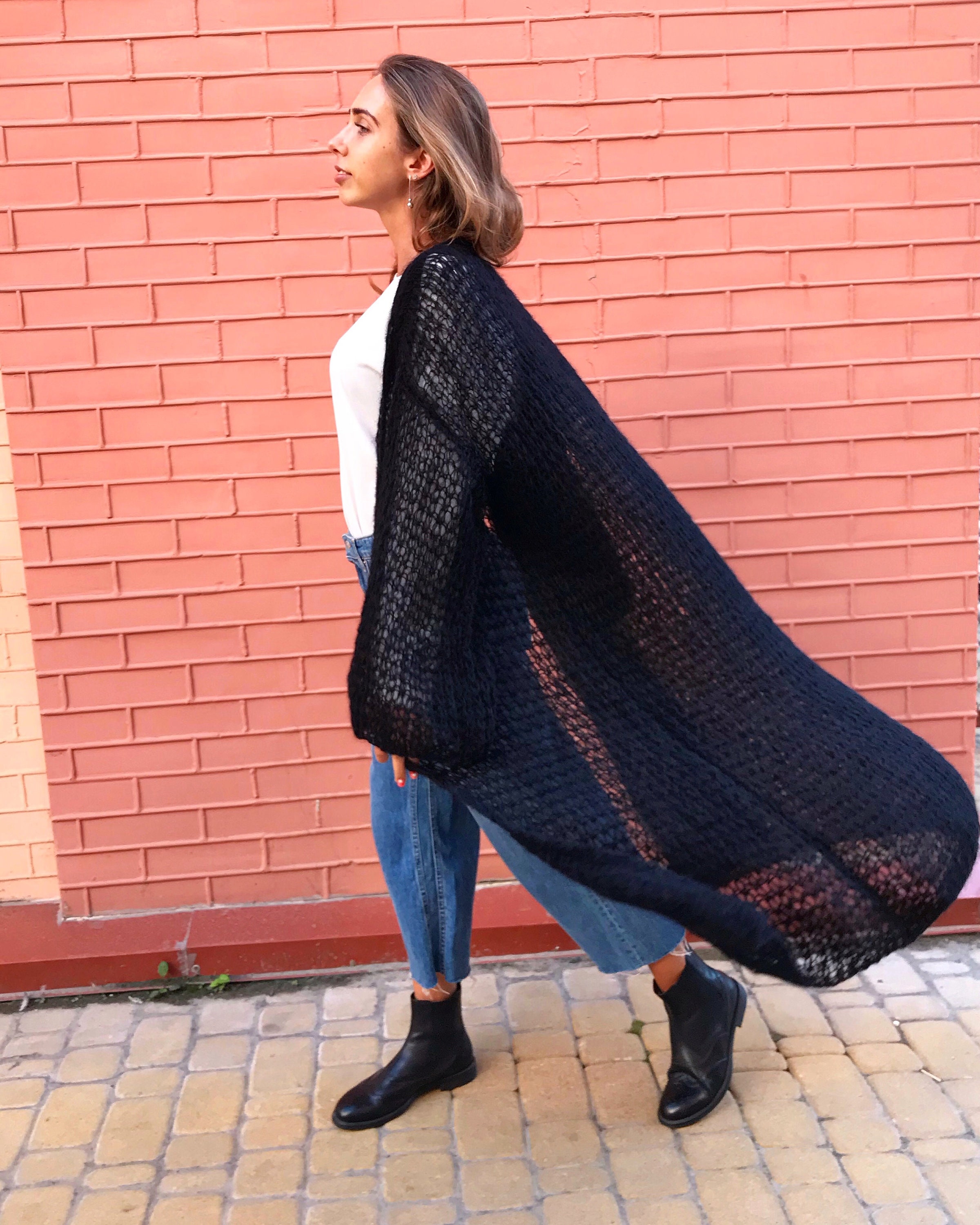 Black mohair long cardigan with belt Maxi kimono cardigan | Etsy