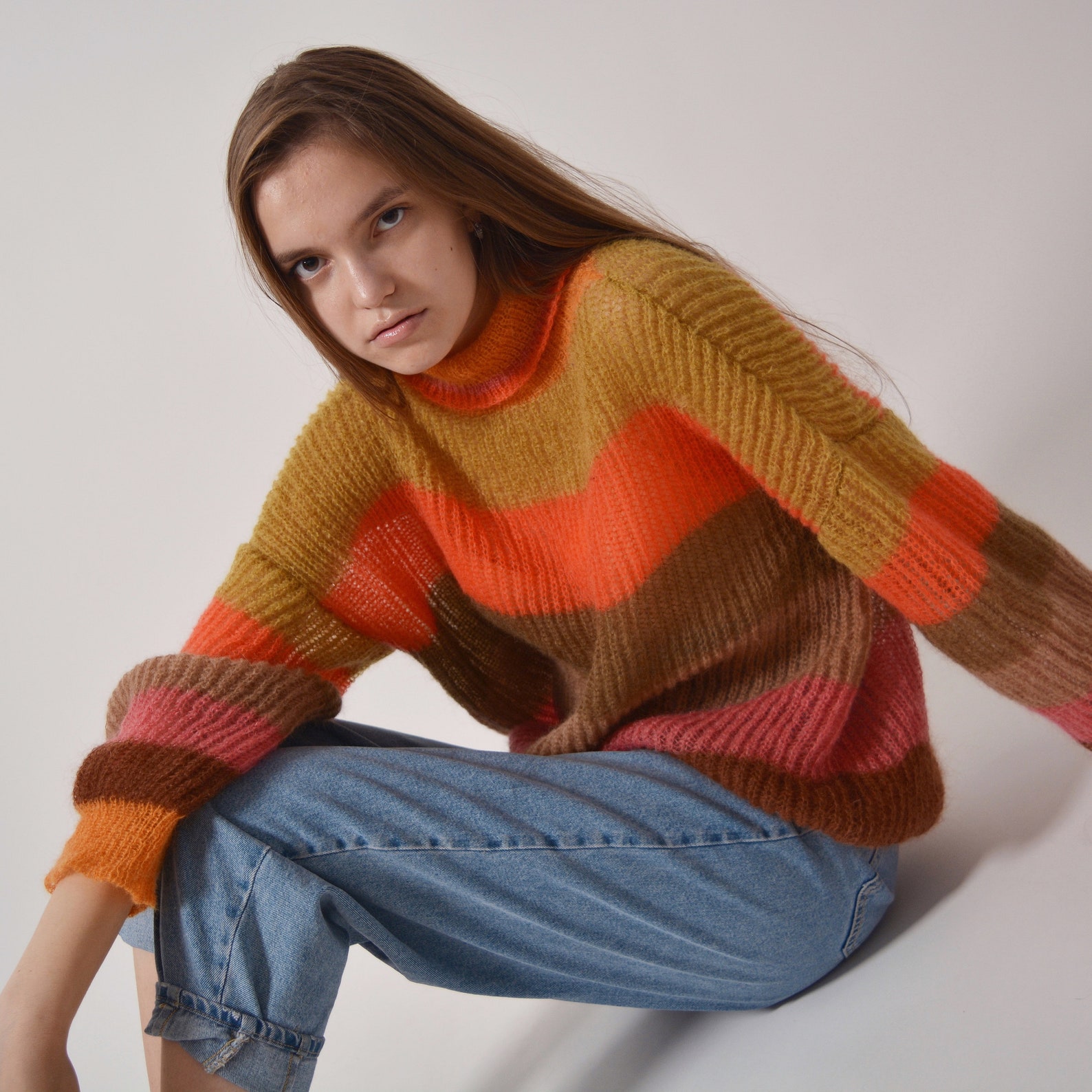 Bright Mohair Sweater Multicolor Striped Sweater Turtleneck | Etsy