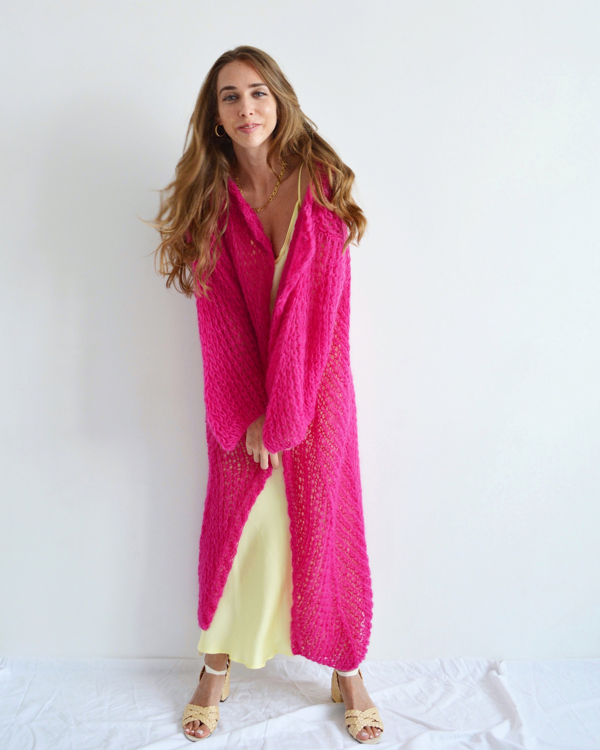 Fuchsia Pink Long Mohair Cardigan, Wrap Kimono Light Cardigan, Knitted ...
