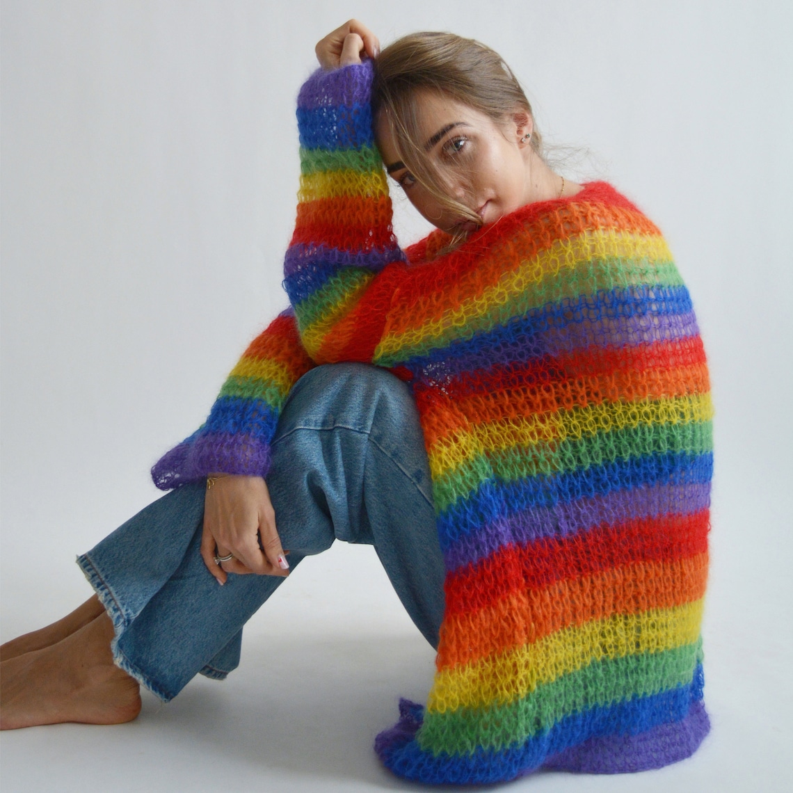 Rainbow mohair cardigan Handknit striped cardigan Rainbow | Etsy