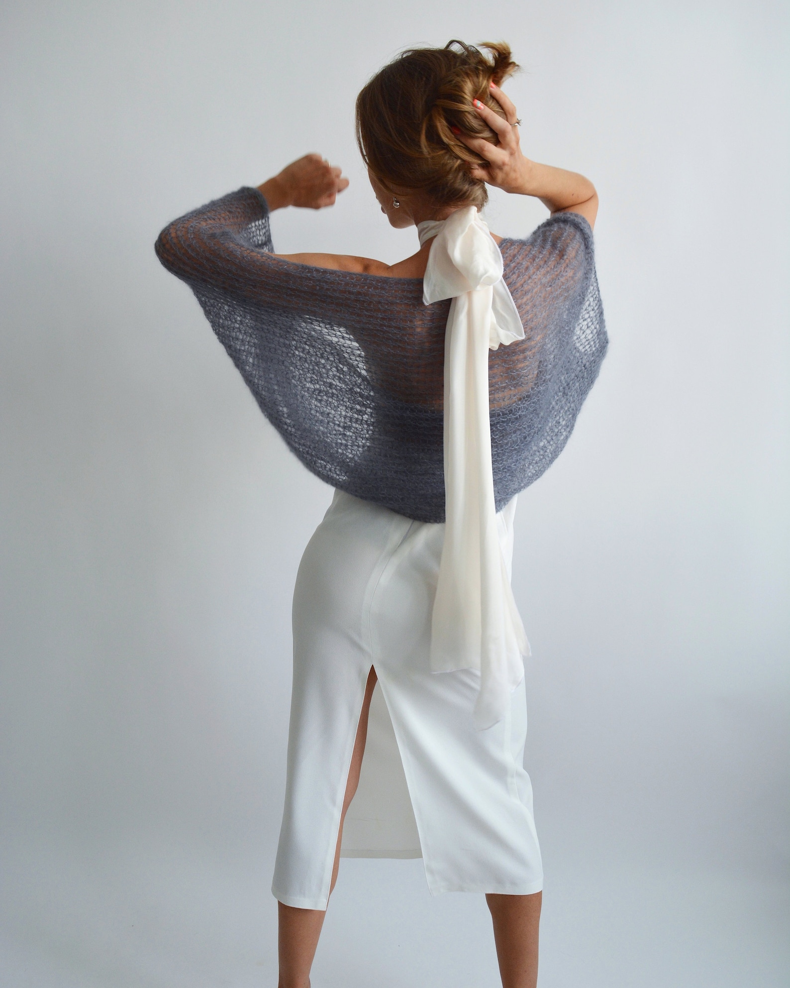 Dark Gray Silk Mohair Shawl , Bridal Light Shrug, Wedding Knitted Shawl ...