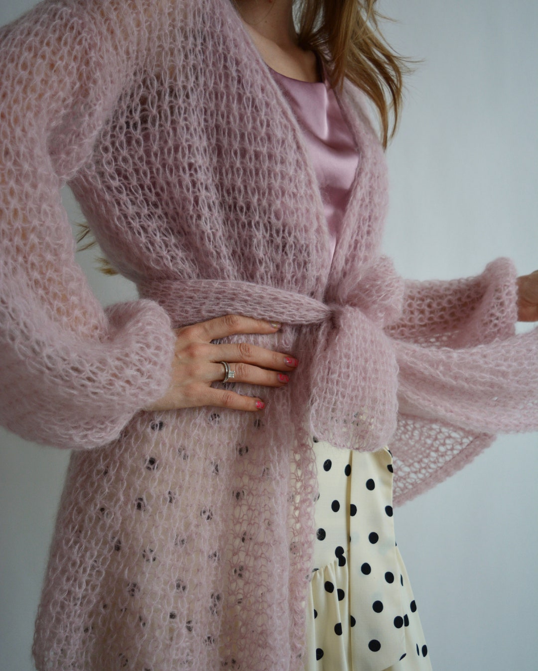 Rose Gold Short Cardigan Mohair Belted Cardigan Kimono Light Cardigan ...